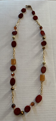 Maroon & Amber Bead & Gold Tone Chain Autumn Fall Necklace 35” | eBay