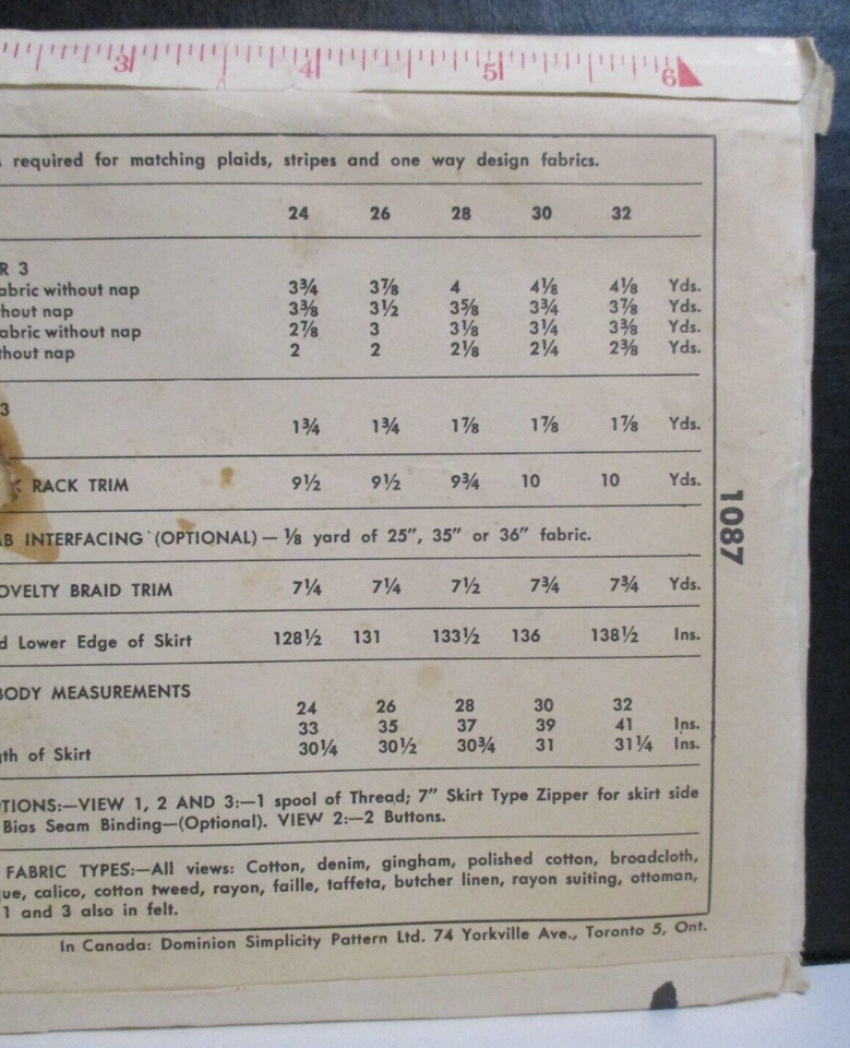 Simplicity Pattern 1087 Misses Flared Gore Skirt Size Waist 28" Hip 37 ...