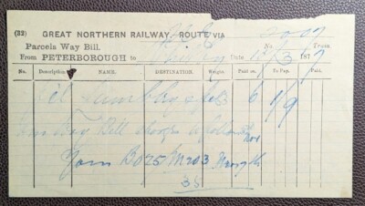 1877 Great Northern Railway Peterborough to Whitby Parcels Way Bill ...
