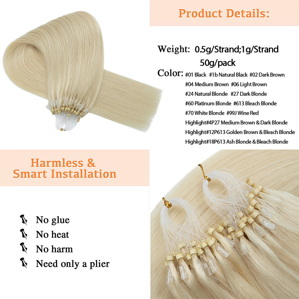 THICK 300S Micro Loop Ring 100% Remy Human Hair Extensions Nano Beads ...