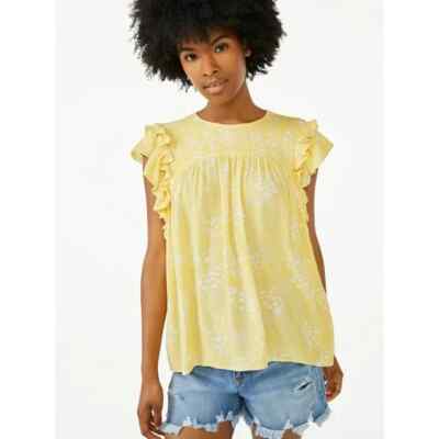 Scoop Women's Flutter Sleeve Double Ruffle Top Size XL Yellow Flower ...