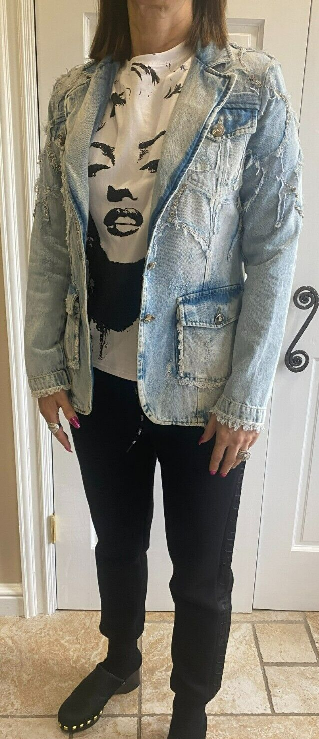 DiShe Jeans Milano Women Distressed Denim Jacket w/ Rhinestones Size L ...