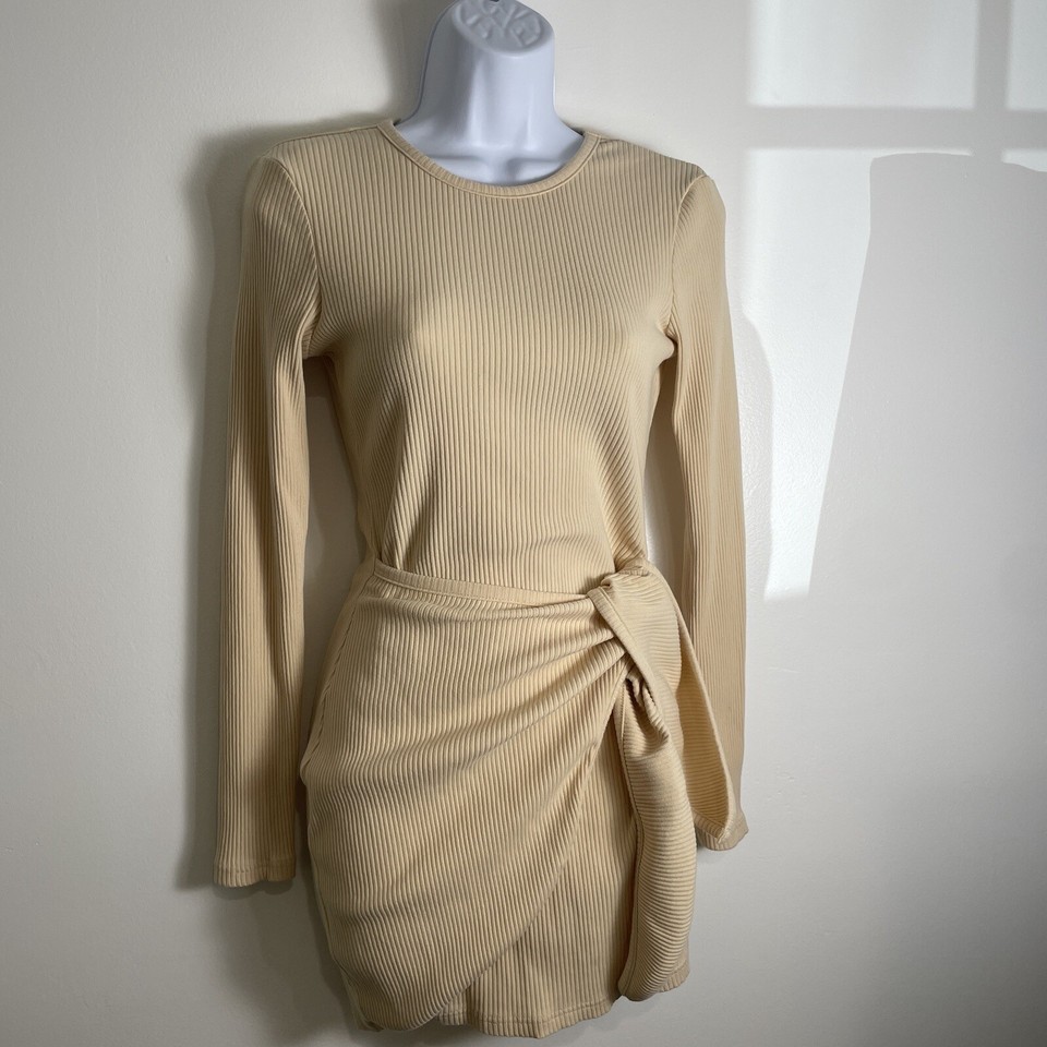 Revolve Dress Womens Small Ribbed Wrap Bodycon Long Sleeve Mini Stretch ...