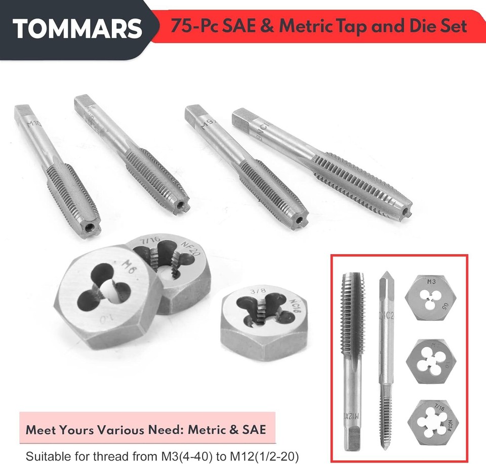 75Pc Tap and Die Set,SAE & Metric Hex Thread Taps Dies Wrench Threading ...