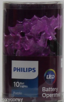 Halloween Philips 10 Purple Battery Operated Bats LED Lights 3 ft ...