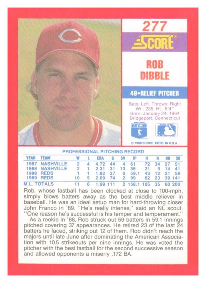 1990 Score #277 Rob Dibble | eBay