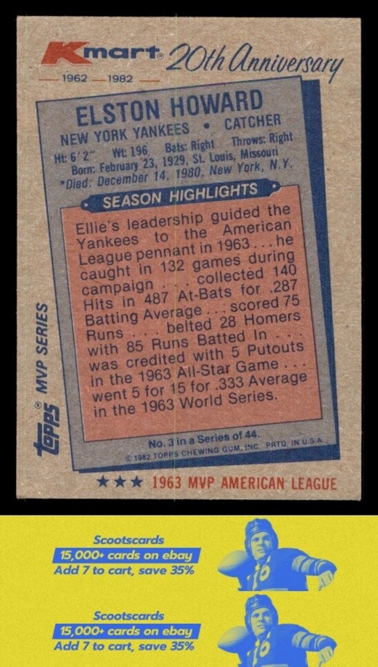 1982 Topps Kmart 20th Anniversary Elston Howard #3 New York Yankees | eBay