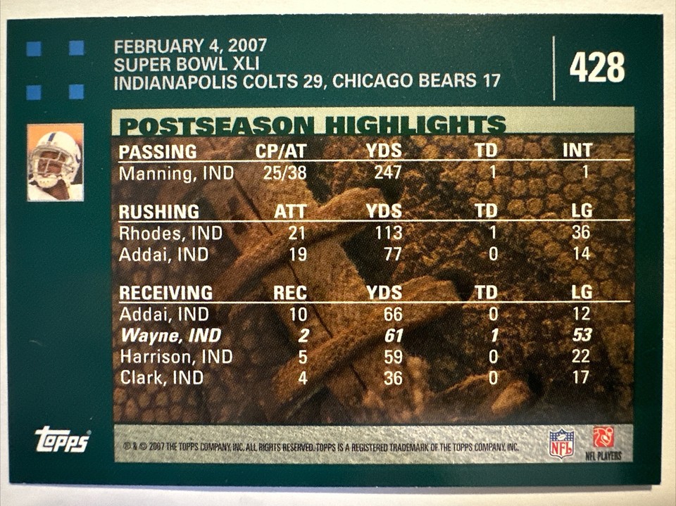 2007 Topps Postseason Highlights #428 Reggie Wayne Indianapolis Colts ...