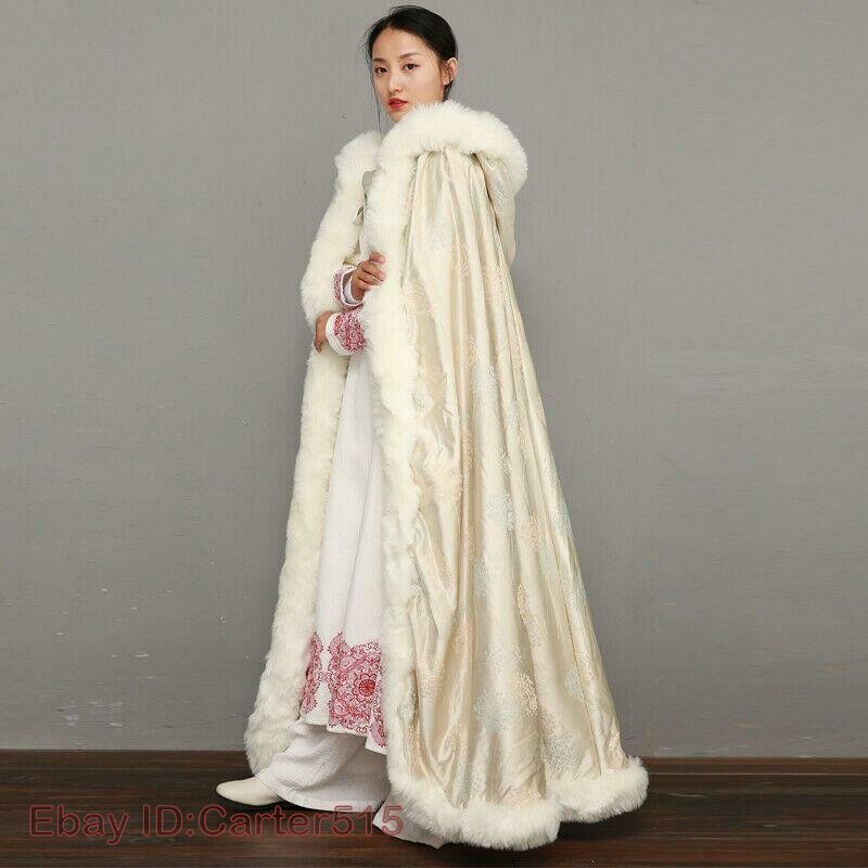 Womens Chinese Hanfu Faux Rabbit Fur Lined Cape Hooded Bridal Poncho ...