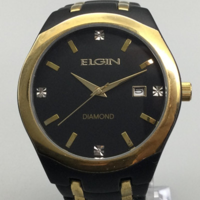 Vtg Elgin Diamond Watch Men 42mm Gold Tone Black Dial Date New Battery ...