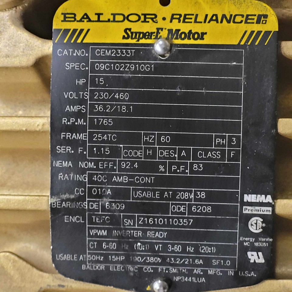 BALDOR RELIANCE SUPER E Electric Motor 15 HP Frame 254TC 5 Avail Will ...