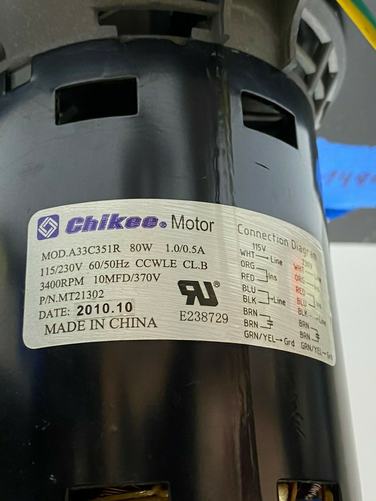 Chikee Fan Blower Motor A33C351R MT21302 3400RPM 115/230V 60/50 Hz used ...