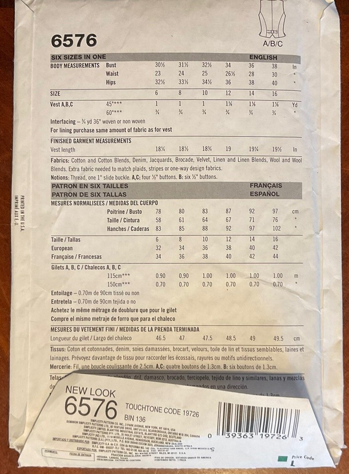 SEWING PATTERN NEW LOOK 6576 MISSES Women’s VESTS 3 STYLES SIZE 6 TO 16 ...