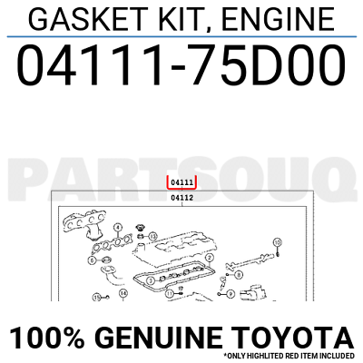 0411175D00 Genuine Toyota GASKET KIT, ENGINE 04111-75D00 | eBay