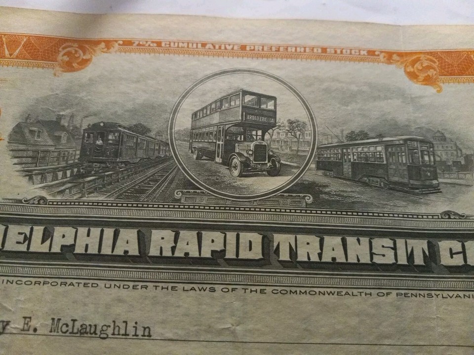 Original 1927 Philadelphia Rapid Transit Co Stock Certificate brill bus ...