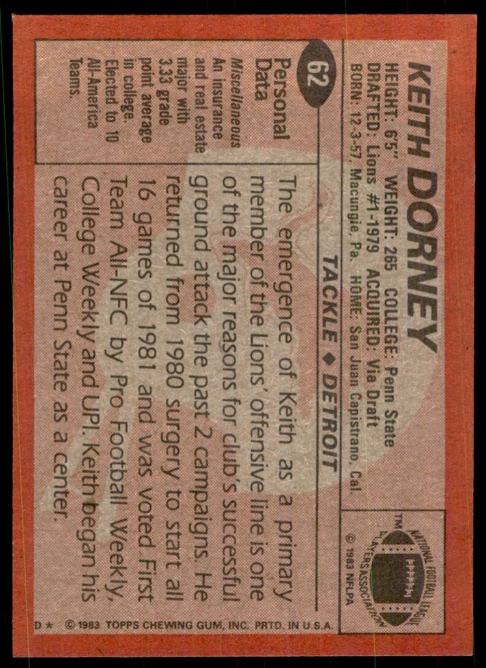 1983 TOPPS+ KEITH DORNEY DETROIT LIONS #62 | eBay