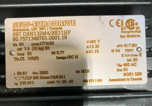 SEW EURODRIVE GEARMOTOR, TYPE S97/A DRN132M4/BE11-HPF 1774/20 RPM 89.60 ...