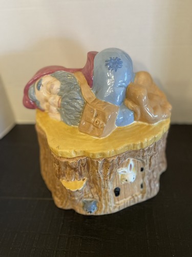 Vintage Sleepy Dwarf Gnome On Tree Trunk Ceramic Cookie Jar - Preowned ...