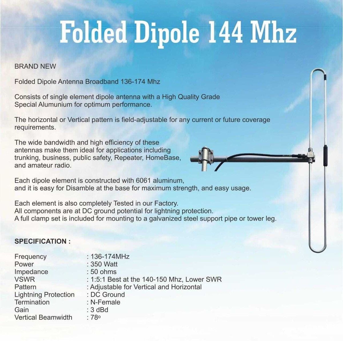 Folded Dipole Antenna Impedance EMR150DP4: 136 174 MHz VHF 4 Bay