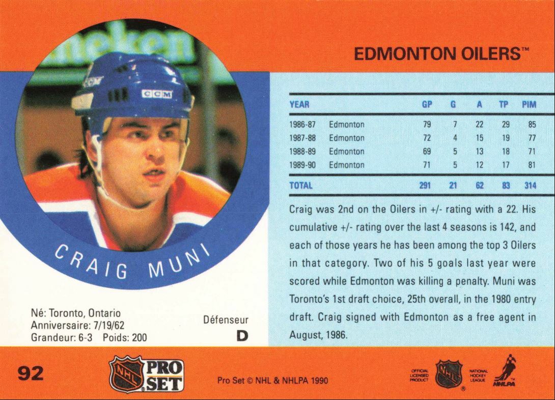 1990-91 Pro Set Hockey Craig Muni Edmonton Oilers #92 | eBay