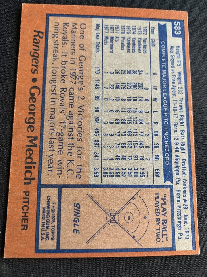 1978 Topps Baseball Card #583 George Doc Medich Texas Rangers NMMt Free ...