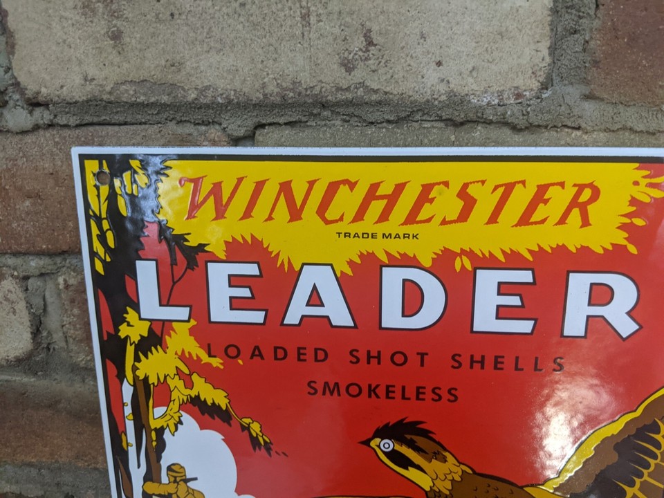 VINTAGE WINCHESTER LEADER PORCELAIN SIGN GUN AMMO 10" X 10" | eBay