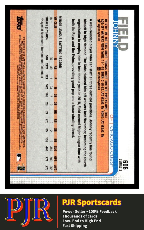 2019 Topps #606 Johnny Field Chicago Cubs Buy 4 - 35% OFF | eBay