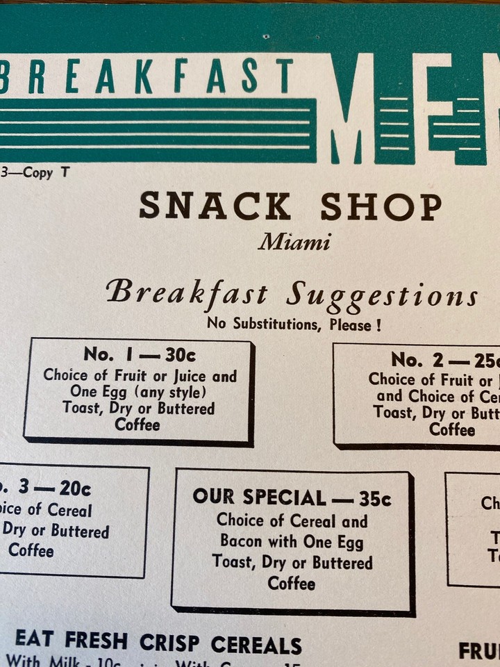 Vintage Menu Snack Shop Miami Florida Breakfast | eBay