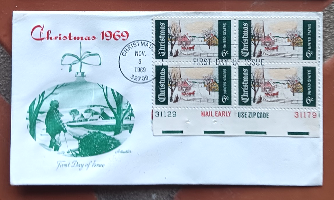 CHRISTMAS WINTER SNOW SCENE SLEIGH PLATE#BLOCK ARTMASTER CACHET 1969 FDC UNADDR | eBay
