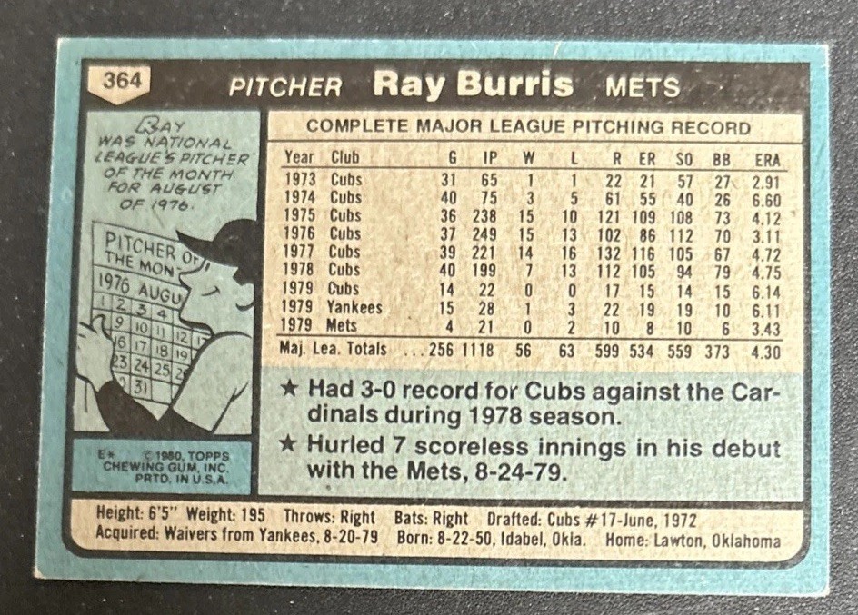 1980 Topps Ray Burris Baseball Card #364 Mets Pitcher FR Bad Corners O ...