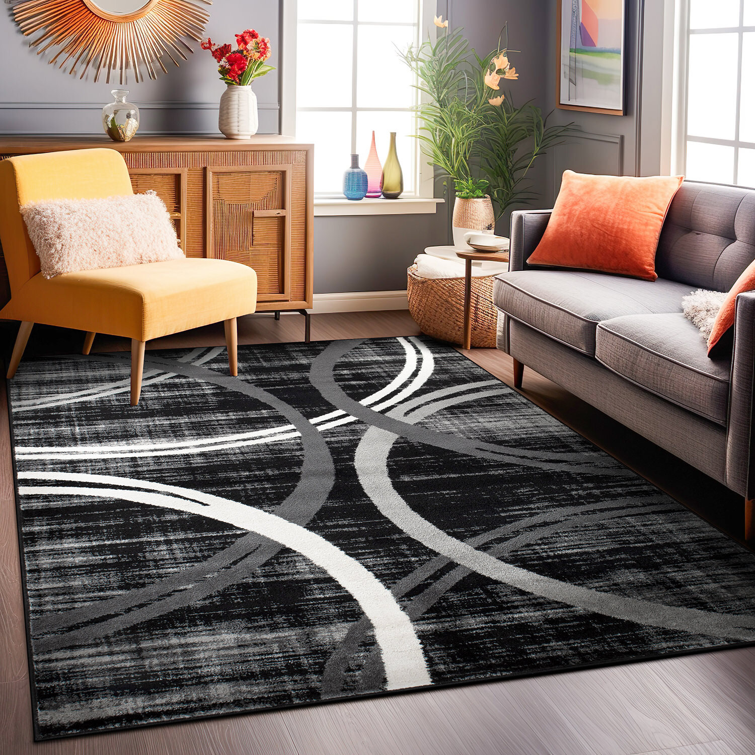 Rugshop Black Rug Modern Abstract Circles Design Bedroom Rugs Living ...