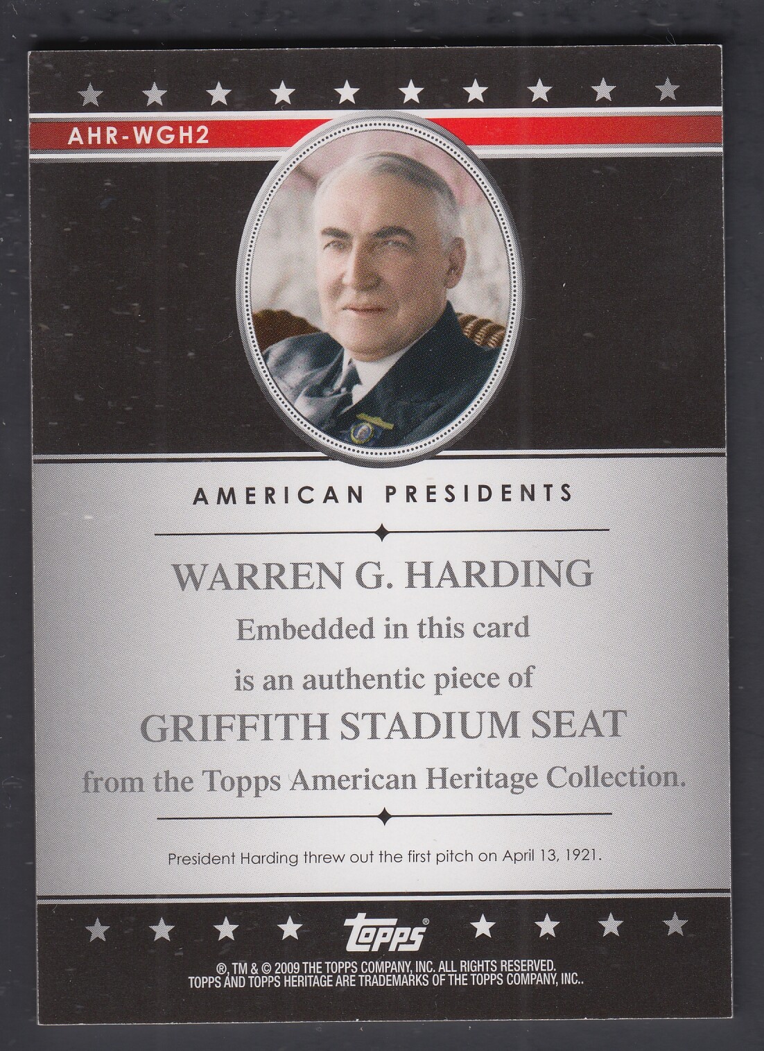 Warren G Harding 2009 Topps Heritage American Moments Griffith Stadium ...