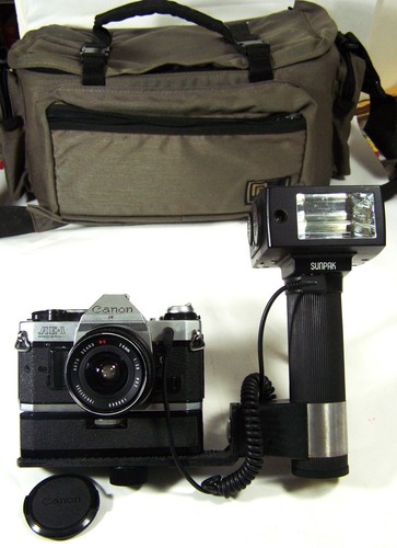 CANON AE-1 35MM CAMERA w/ W28mm Lens, Winder, Sunpak Flash, Bag, Needs ...