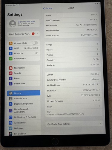 Apple iPad Air (3rd Generation) A2153 64GB Wi-Fi+4G 10.5in Space Gray ...