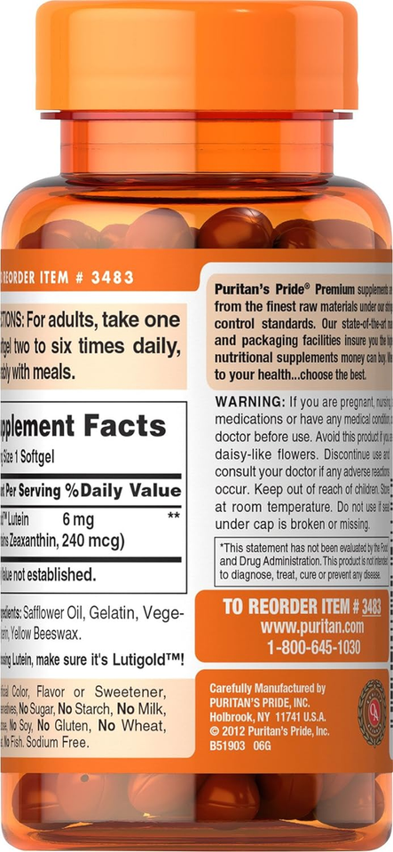 Puritan's Pride Lutigold Lutein 6mg Softgels with Zeaxanthin Supports ...