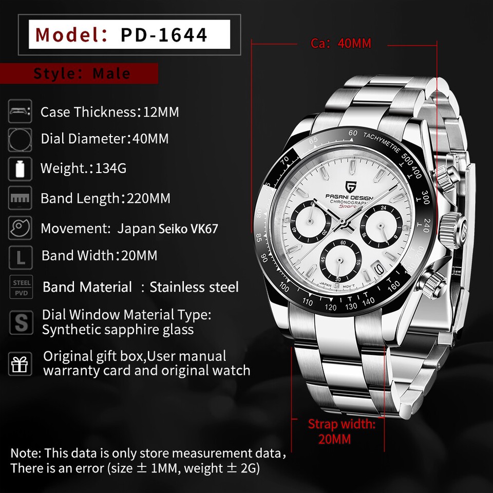 PAGANI DESIGN Luxury Men's Quartz Watch 10 Bar Chronograph Sapphire ...