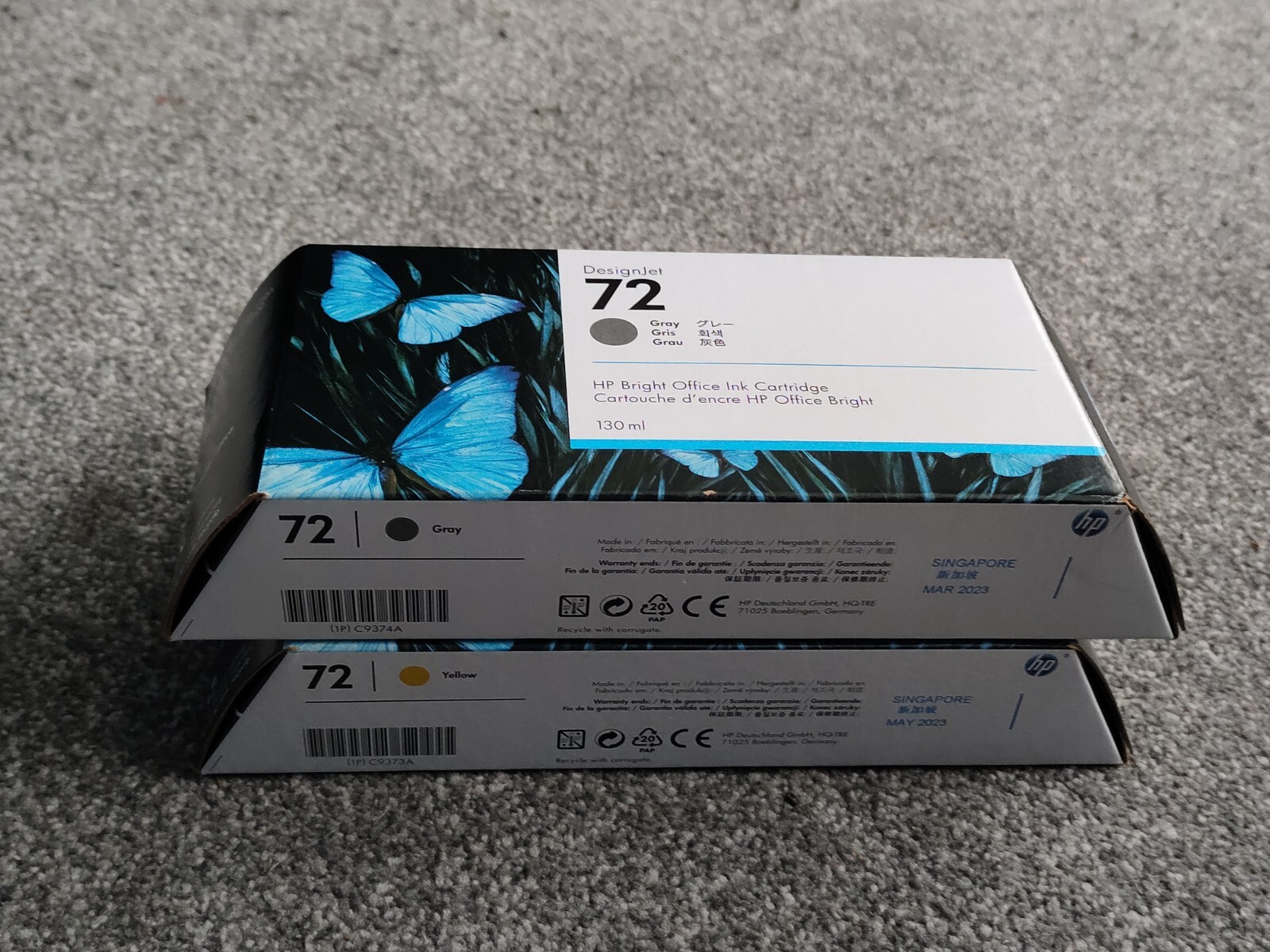 ORIGINAL HP 72 GRAY C9374A & YELLOW C9373A, 130ml INK CARTRIDGES. DATE ...