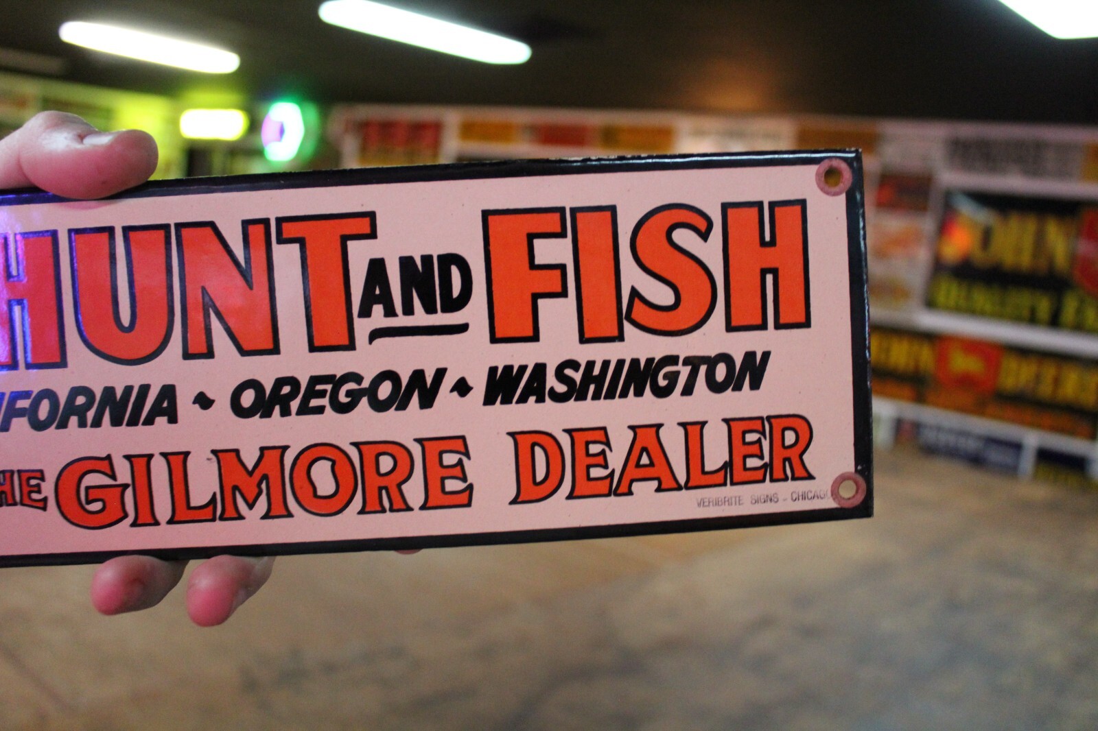 GILMORE GASOLINE DEALER HUNT FISH PORCELAIN METAL SIGN ROAD GAS OIL ...