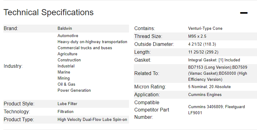 Baldwin BD7154 LF14000NN Engine Oil Filter spin on high velocity (6 ...