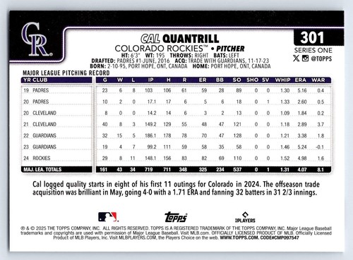 Cal Quantrill 2025 Topps Series 1 #301 Colorado Rockies Baseball Card ...