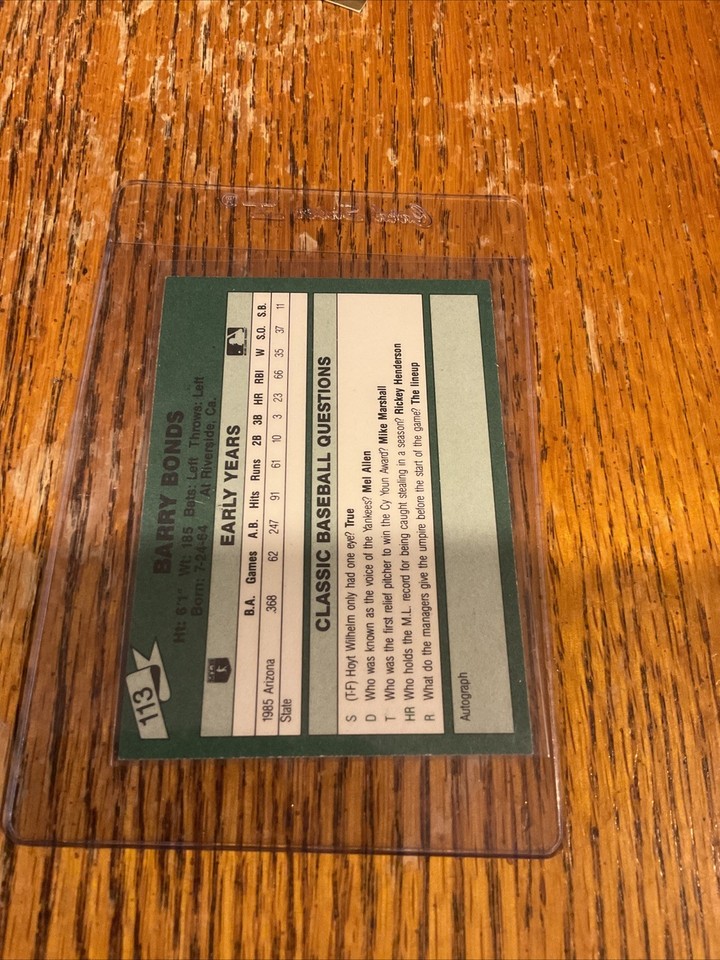 1987 Classic Update Yellow/Green Backs RC #113 Barry Bonds BASEBALL ...
