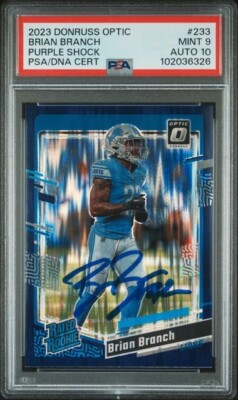 BRIAN BRANCH SIGNED 2023 DONRUSS OPTIC PURPLE SHOCK #233 Rookie PSA 9 ...