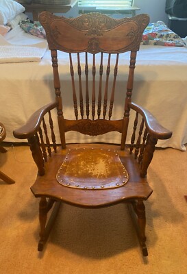 Antique Oak Pressed Back Rocker – Leather Seat Insert -Good Condition ...