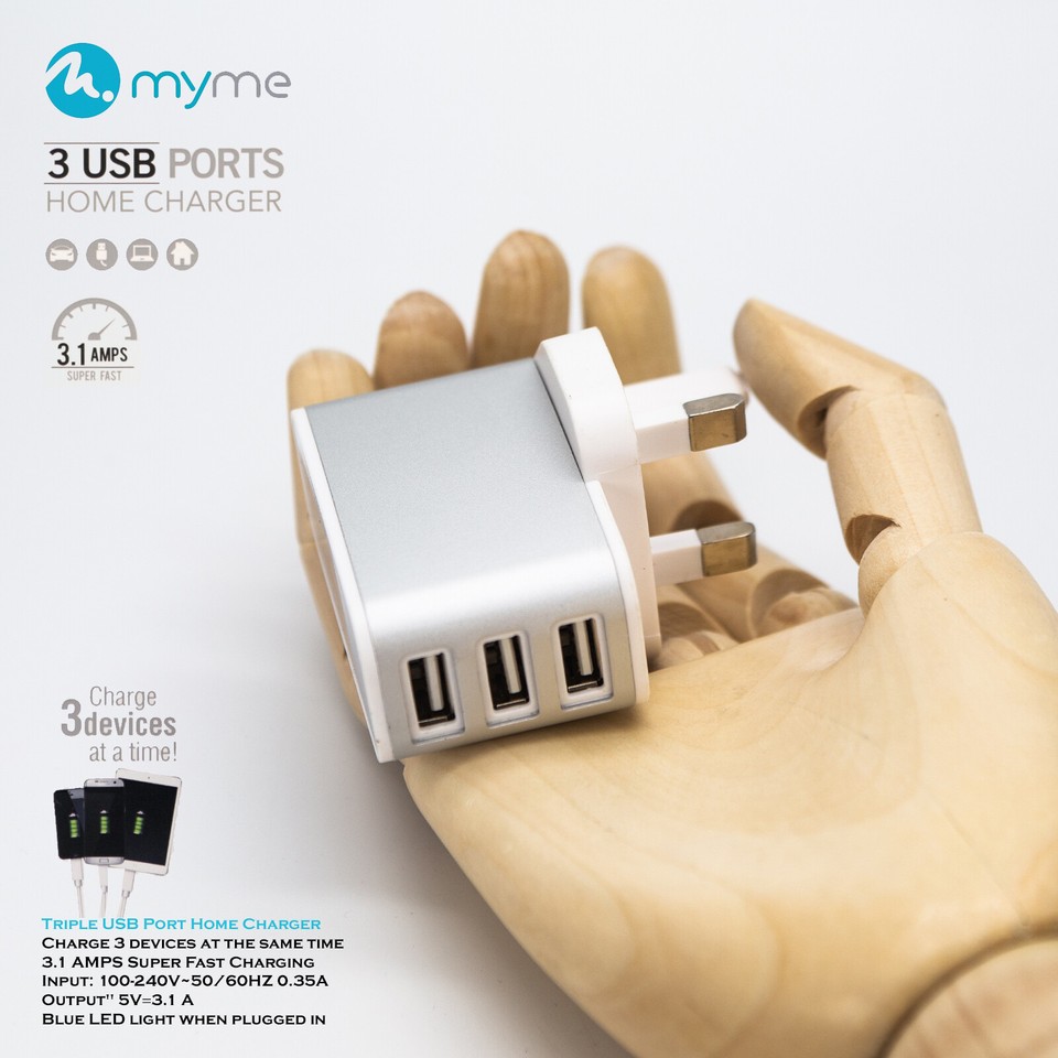 Home Charger Mains USB 3 Pin UK Wall Plug Adapter Charging for Phones ...