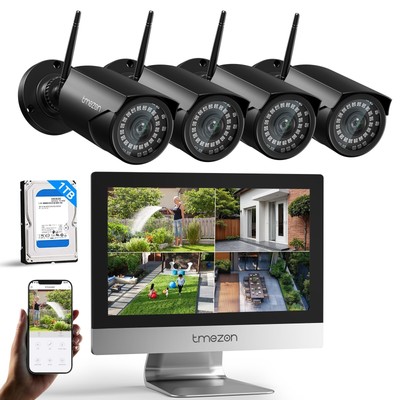 TMEZON WLAN FUNK Überwachungskamera Set Außen mit Monitor 3MP Metall ...