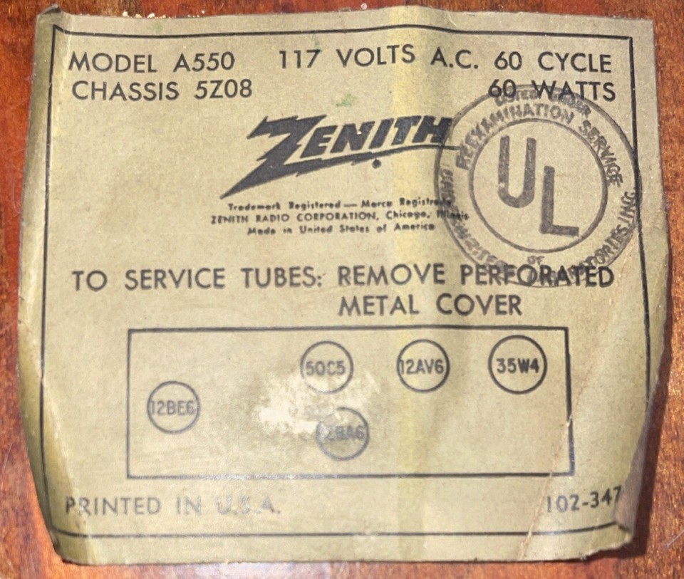 Zenith Tube Tuner Record Player A550 CHASSIS 5Z08 W Zenith Tubes Tested ...