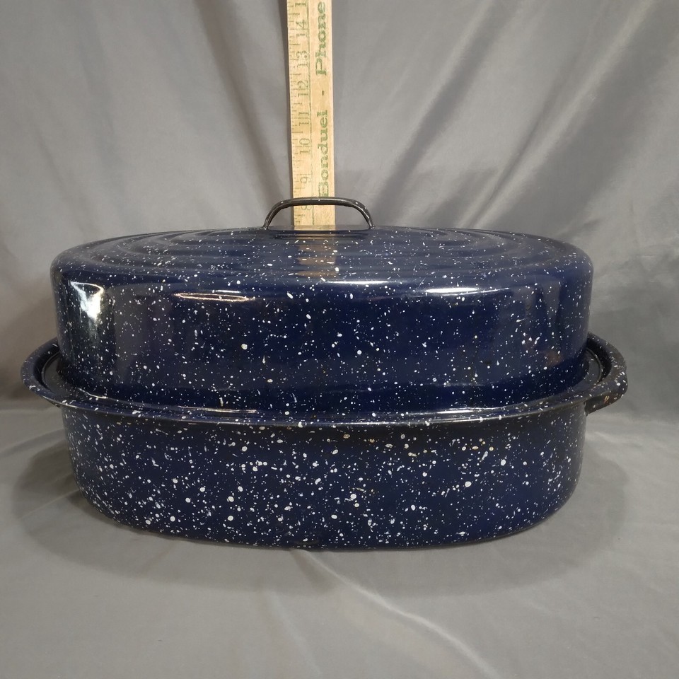 Vintage Blue Roaster Pan Speckled Enamel Granite Ware Roasting Pan 18 x ...
