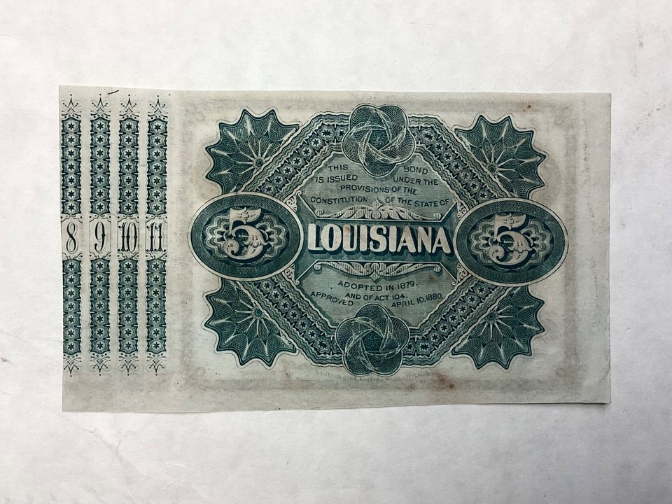 ~1875 $ 5 Five Dollars State of Louisiana Baby Bond - Rare “Issued for ...