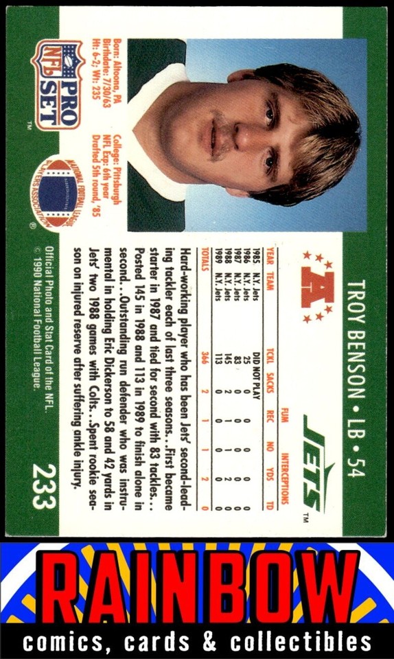 1990 Pro Set #233 Troy Benson New York Jets | eBay