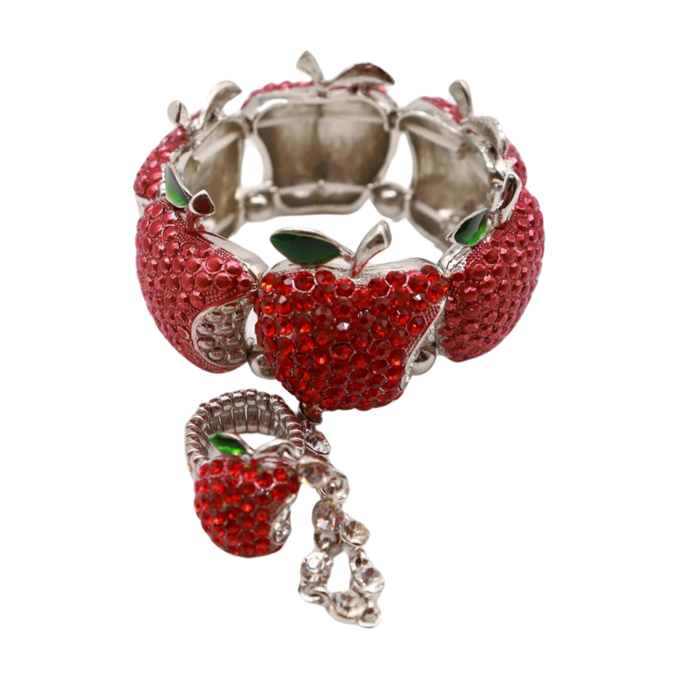 Women Silver Metal Hand Chain Red Apples Bracelet Bling Ring Halloween ...